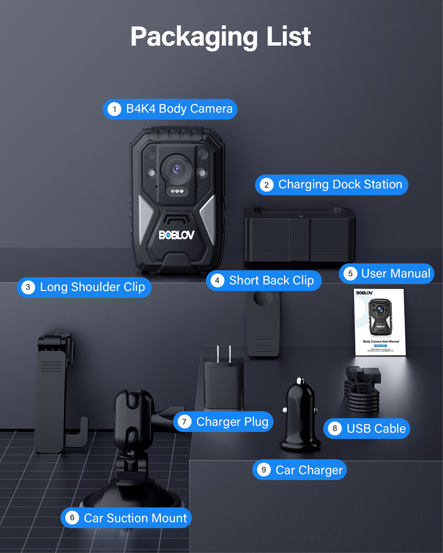 BOBLOV B4K4 4K Body Camera, 128G Bodycam with Charging Dock, GPS IP67