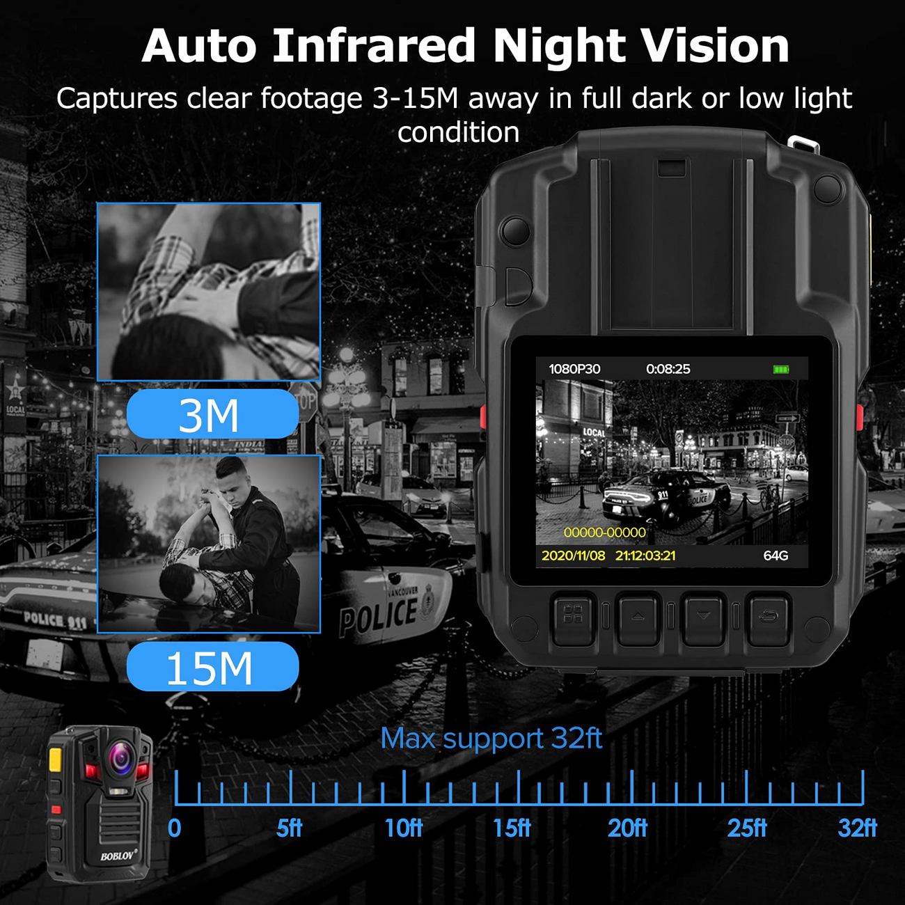 BOBLOV HD66/D7 1296P IP67 Waterproof Body Camera for Security